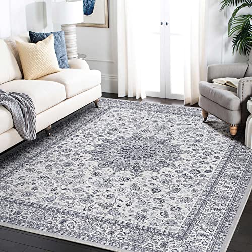 Area Rug Living Room Rugs: 8x10 Oriental Persian Floral Distressed Carpet Large Machine Washable Indoor Non Slip Carpets for Under Dining Table Farmhouse Bedroom Nursery Home Office Grey Blue