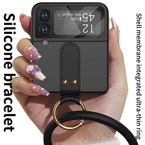 BAILI Samsung Z Flip4 Case with Ring and Silicone Bracelet, Galaxy Z Flip 4 Cover Ultra-Thin Protective Cover with Silicone Wristband Built-in Small Screen Shell Film for Samsung Galaxy Z Flip4-Black