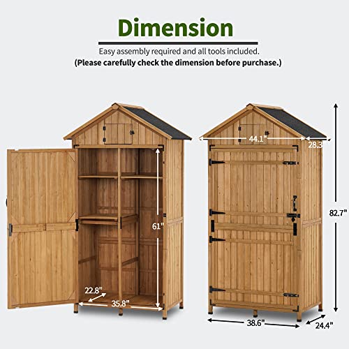 MCombo Large Outdoor Storage Shed with Adjustable Shelves, Outdoor Storage Cabinet with Lock, Wood Garden Tool Shed for Outside, Backyard and Patio (38x24x82 inch) 6056-1970 (Natural)