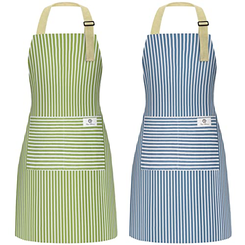 NLUS 2 Pack Waterproof Cooking Apron for Women with Pocket Adjustable Chef Aprons for Kitchen, Cooking, Baking, BBQ, Grill(Blue/Green)