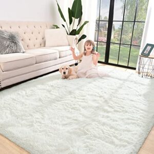 jelymark super soft shaggy rug for bedroom, 8x10 feet fluffy carpet for living room, fuzzy indoor plush area rug for home decor, furry floor rugs for dorm, kids nursery rug for girls, cream white