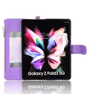 EAXER for Samsung Galaxy Z Fold3 5G Case, Wallet Case Magnetic PU Leather Wallet Card Holder Zipper Straps Phone Protective Case Cover (Purple)