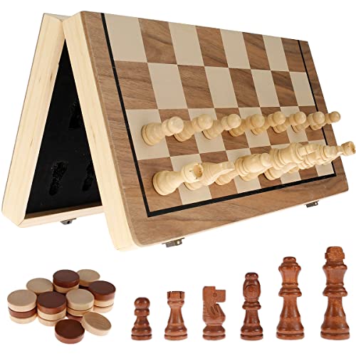 BA1 56Pcs Chess and Checkers Set Chess Game Set Wooden 2-in-1 Board Game Magnetic Travel Chess Board Game Portable Board Games Accessories with Drawstring Storage Pouch for Kids Adults BA1