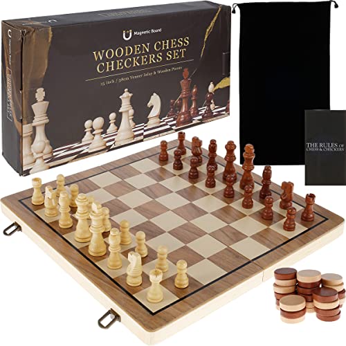 BA1 56Pcs Chess and Checkers Set Chess Game Set Wooden 2-in-1 Board Game Magnetic Travel Chess Board Game Portable Board Games Accessories with Drawstring Storage Pouch for Kids Adults BA1