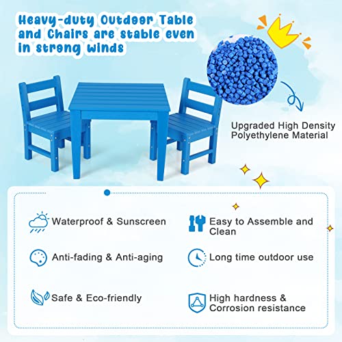 Costzon Kids Table and Chair Set, 3 Piece All-Weather Activity Table for Indoor & Outdoor, Heavy-Duty & Waterproof Furniture Set for Playroom, Nursery, Backyard, Toddler Table and Chair Set (Blue)