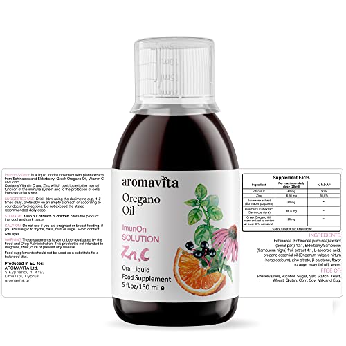 AROMAVITA ImunOn Solution Syrup - Oregano Oil-Echinacea Extract,Elderberry,Sambucus Extract,Vitamin C,Zinc,b-Carotene,Orange-Powerful System Defence Booster -Natural,Vegan Friendly,Dietary Supplement