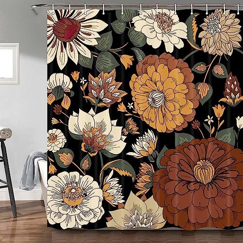 Torich Boho Floral Botanical Shower Curtain, Mid Century Morden Abstract Bohemian Flowers Tropical Leaves Bathroom Curtain, Waterproof Fabric Bathroom Accessories with Hooks 69X72