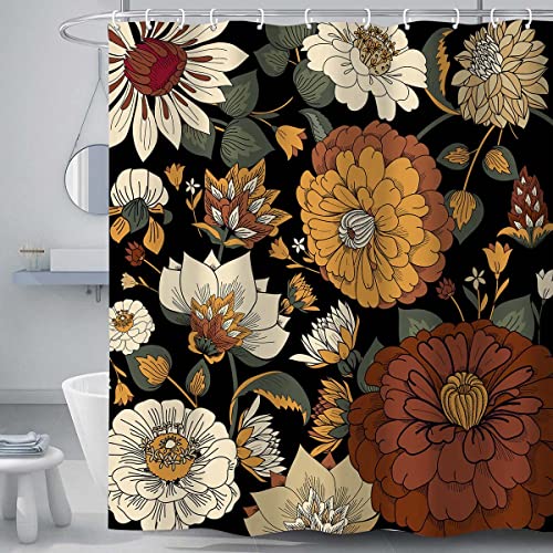 Torich Boho Floral Botanical Shower Curtain, Mid Century Morden Abstract Bohemian Flowers Tropical Leaves Bathroom Curtain, Waterproof Fabric Bathroom Accessories with Hooks 69X72