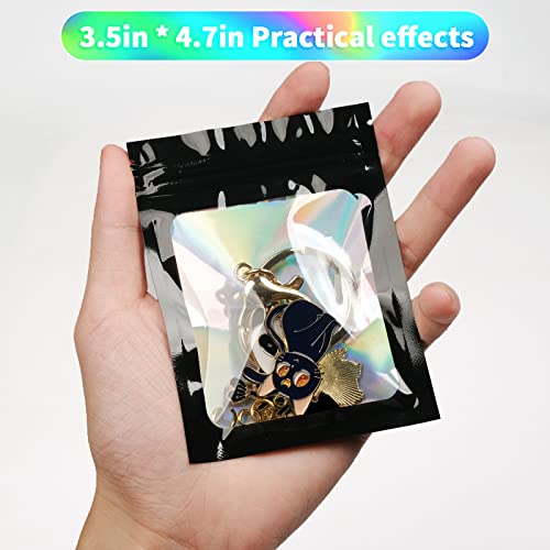 100 pack mylar bags holographic smell proof packaging bag for small bussiness resealable zipper sealable pouch bags sample, jewelry, lipgloss, food,soap,electronic supplies（3.5×4.7 inch,black）