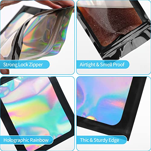 100 pack mylar bags holographic smell proof packaging bag for small bussiness resealable zipper sealable pouch bags sample, jewelry, lipgloss, food,soap,electronic supplies（3.5×4.7 inch,black）