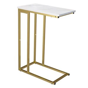 yusong c shaped end table, couch side table that slide under sofa bed, small table for small spaces, skinny overbed table, coffee drink laptop snack table for living room, gold and marble white