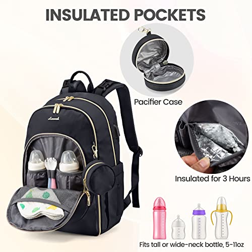 LOVEVOOK Diaper Bag Backpack, Baby Bags with Portable Changing Pad, Pacifier Case, Stroller Straps, Work Travel 15.6inch Laptop Back Pack for Moms Dads Black