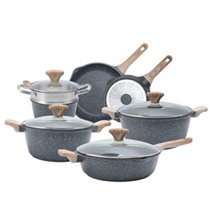 country kitchen nonstick induction cookware sets - 11 piece cast aluminum pots and pans with bakelite handles with glass lids - grey