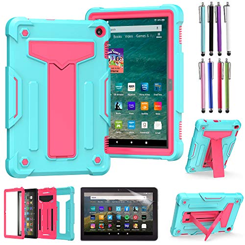 EpicGadget Case for Amazon Fire HD 8 / Fire HD 8 Plus (12th Generation, 2022 Released) - Heavy Duty Hybrid Protective Case Cover with Kickstand + 1 Screen Protector and 1 Stylus (Teal/Pink)