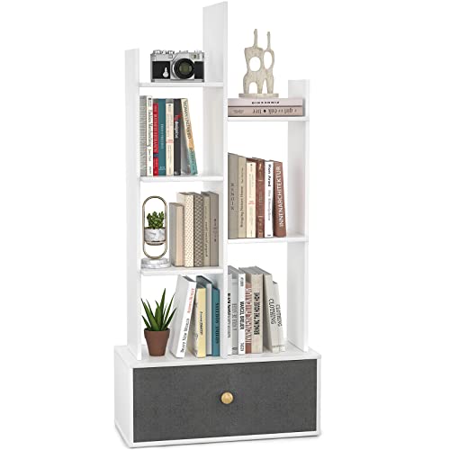 Unikito Bookshelf with Drawer Free Standing Bookcase, Office Storage Shelf Organizer with 7 Open Book Shelves, Industrial Wood Book Case Display Rack for Bedroom, Living Room, Home Office, White