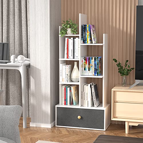 Unikito Bookshelf with Drawer Free Standing Bookcase, Office Storage Shelf Organizer with 7 Open Book Shelves, Industrial Wood Book Case Display Rack for Bedroom, Living Room, Home Office, White