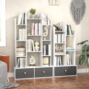 Unikito Bookshelf with Drawer Free Standing Bookcase, Office Storage Shelf Organizer with 7 Open Book Shelves, Industrial Wood Book Case Display Rack for Bedroom, Living Room, Home Office, White