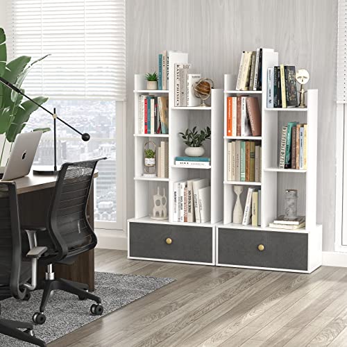 Unikito Bookshelf with Drawer Free Standing Bookcase, Office Storage Shelf Organizer with 7 Open Book Shelves, Industrial Wood Book Case Display Rack for Bedroom, Living Room, Home Office, White