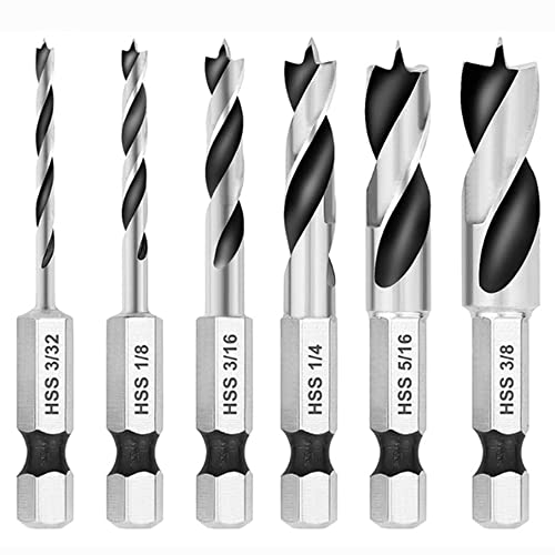 Eyech 6Pcs Brad Point Drill Bits Stubby Drill Bit Set for Wood |Spiral Twist Bit 1/4" Quick Change Hex Shank | 4241 High Speed Steel | for Quick Change Chucks and Drives