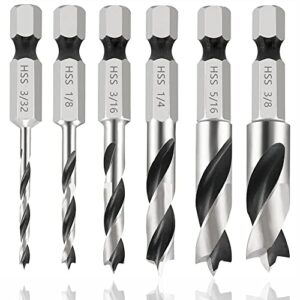 Eyech 6Pcs Brad Point Drill Bits Stubby Drill Bit Set for Wood |Spiral Twist Bit 1/4" Quick Change Hex Shank | 4241 High Speed Steel | for Quick Change Chucks and Drives