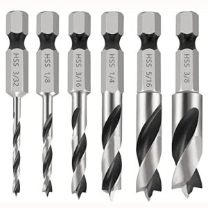 Eyech 6Pcs Brad Point Drill Bits Stubby Drill Bit Set for Wood |Spiral Twist Bit 1/4" Quick Change Hex Shank | 4241 High Speed Steel | for Quick Change Chucks and Drives