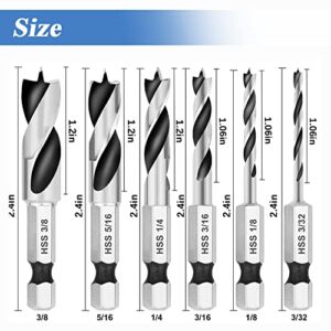 Eyech 6Pcs Brad Point Drill Bits Stubby Drill Bit Set for Wood |Spiral Twist Bit 1/4" Quick Change Hex Shank | 4241 High Speed Steel | for Quick Change Chucks and Drives