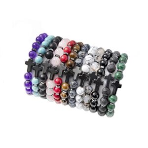 samoco 12pcs healing stone beaded bracelets for women men semi-precious gemstones bracelets crystal cross beaded bracelet unisex adjustable stretch bracelets 8mm