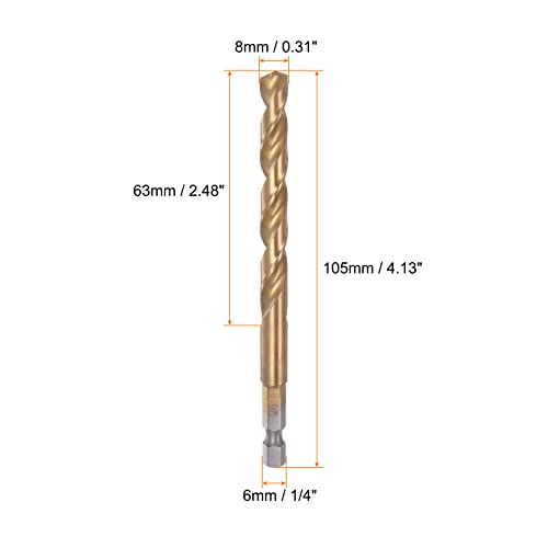 HARFINGTON 1/4" Hex Shank Drill Bit 8mm Titanium Drill Bits Set M35 High Speed Steel Twist Drill Bit 105mm Long Fully Ground for Wood, Stainless Steel, Metal, Plastic Plastic