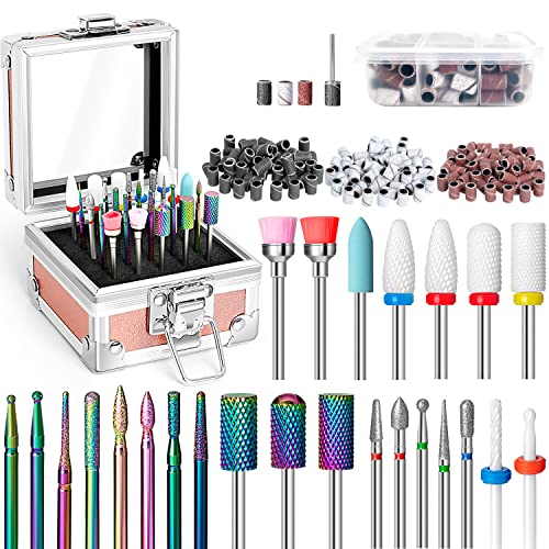 Onism 25Pcs Nail Drill Bits Set - 3/32 Inch Tungsten Carbide Ceramic Nail Bits Kit for Professional Manicure Pedicure Remover for Home Salon Acrylic Gel Nail Polish - With Nail Tool Box, Sanding Bands