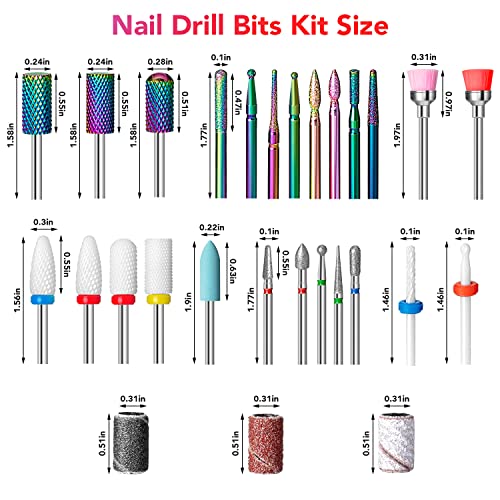 Onism 25Pcs Nail Drill Bits Set - 3/32 Inch Tungsten Carbide Ceramic Nail Bits Kit for Professional Manicure Pedicure Remover for Home Salon Acrylic Gel Nail Polish - With Nail Tool Box, Sanding Bands