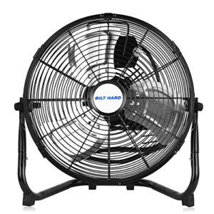 bilt hard 12" 3-speed high velocity heavy duty metal floor fan, 1650 cfm, 180-degree tilt, powerful airflow fan for home, bedroom, residential use