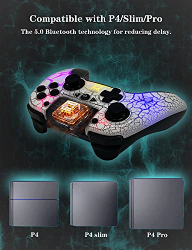 TEDBOX Wireless Controller for PS4, Wireless Remote Gamepad with Unique Cracked Design/8 Adjustable LED Colors/Programmable Back Buttons/Super Turbo/Dual Vibration, Widely Compatible with PS4/PC/iOS