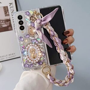 omio for samsung galaxy z fold 3 bling case with hand chain wrist strap bracelet silk scarf for girls women sparkle rhinestone pearl crystal glitter diamond shockproof cover for galaxy z fold 3 purple