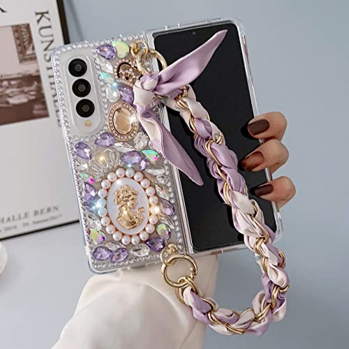 Omio for Samsung Galaxy Z Fold 3 Bling Case with Hand Chain Wrist Strap Bracelet Silk Scarf for Girls Women Sparkle Rhinestone Pearl Crystal Glitter Diamond Shockproof Cover for Galaxy Z Fold 3 Purple