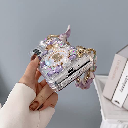 Omio for Samsung Galaxy Z Fold 3 Bling Case with Hand Chain Wrist Strap Bracelet Silk Scarf for Girls Women Sparkle Rhinestone Pearl Crystal Glitter Diamond Shockproof Cover for Galaxy Z Fold 3 Purple