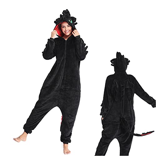 Toothless Costume Pajamas Animal Onesie Dragon Tail Flannel Costume Plush Jumpsuit Halloween Christmas Pajamas for Family Black