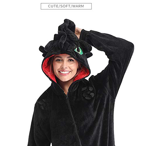 Toothless Costume Pajamas Animal Onesie Dragon Tail Flannel Costume Plush Jumpsuit Halloween Christmas Pajamas for Family Black