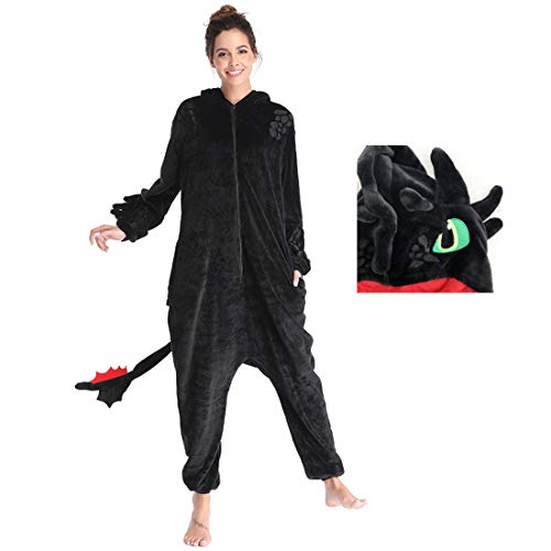 Toothless Costume Pajamas Animal Onesie Dragon Tail Flannel Costume Plush Jumpsuit Halloween Christmas Pajamas for Family Black