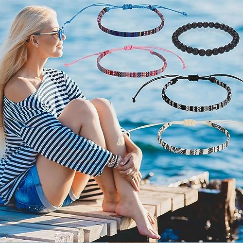 5pcs Surfer Beach Bracelet Ankle Set Men Women, Bracelets For Men, Men's Bracelets Rope Handmade Boho Summer Waterproof Ankle Bracelets for Women Woven Bracelets Ethnic Hippie, Friendship Bracelets