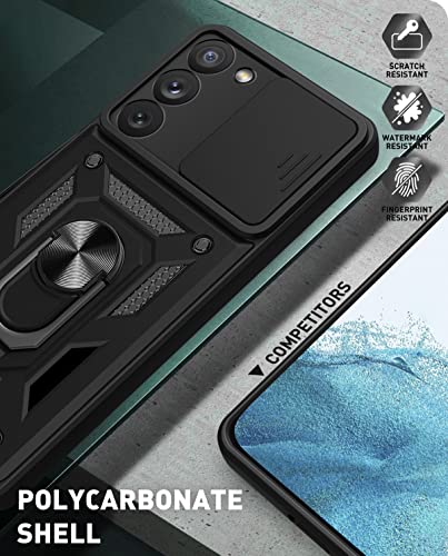 CCSmall Case for Samsung Galaxy S23 5G with Slide Camera Cover, Military Grade Drop Protective Phone Cover Case with Ring Kickstand for Samsung Galaxy S23 5G SJ Black