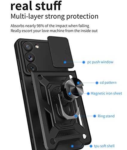 CCSmall Case for Samsung Galaxy S23 5G with Slide Camera Cover, Military Grade Drop Protective Phone Cover Case with Ring Kickstand for Samsung Galaxy S23 5G SJ Black