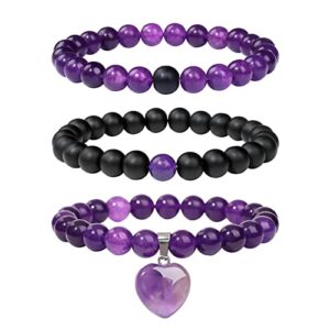 vinswet healing crystal beaded bracelets for women,natural amethyst black agate gemstones bracelet,anxiety stress relief heart charm bracelet handmade purple jewelry gifts for women (3pcs)