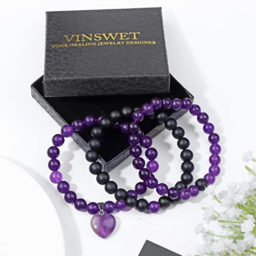 Vinswet Healing Crystal Beaded Bracelets for Women,Natural Amethyst Black Agate Gemstones Bracelet,Anxiety Stress Relief Heart Charm Bracelet Handmade purple Jewelry Gifts for Women (3pcs)