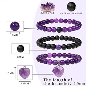 Vinswet Healing Crystal Beaded Bracelets for Women,Natural Amethyst Black Agate Gemstones Bracelet,Anxiety Stress Relief Heart Charm Bracelet Handmade purple Jewelry Gifts for Women (3pcs)