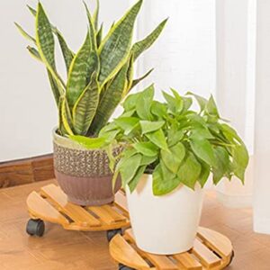 HOUSEBOOK 2 Packs Premium Wooden Rolling Flower Pot Holder Plant Stand with Wheel, Wooden Plant Pot Caddy 30cm Round Garden Plant Pot Trolley 360 Deg Movable, 30cm, Brown