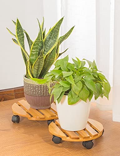 HOUSEBOOK 2 Packs Premium Wooden Rolling Flower Pot Holder Plant Stand with Wheel, Wooden Plant Pot Caddy 30cm Round Garden Plant Pot Trolley 360 Deg Movable, 30cm, Brown