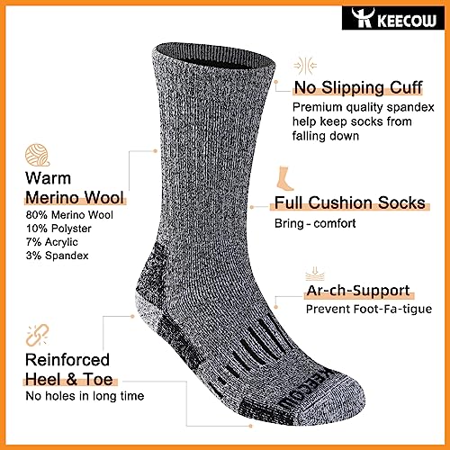 KEECOW Merino Wool Crew Socks For Men & Women, Thermal, Warm, Winter Cushion Socks For Hiking Working Running, 3 Pairs (Large, Charcoal B)