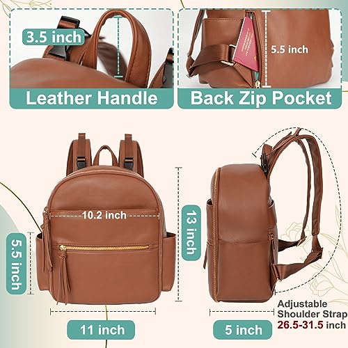 MOMINSIDE Small Diaper Bag Backpack, Mini Baby Diaper Bag with 11 Pockets, Leather Travel Baby Bag for Baby Girls, Diaper Bag Organizers, 2 Insulated Pockets, Stroller Straps, Baby Registry (Brown)