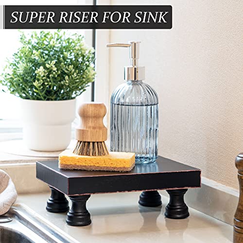 EOSAHR Modern Pedestal Stand for Kitchen Decor : Decorative Wood Riser for Display and Farmhouse Soap Dispenser Tray and Sponge Holder - Retro Countertop Organizer for Counter and Sink (Black)