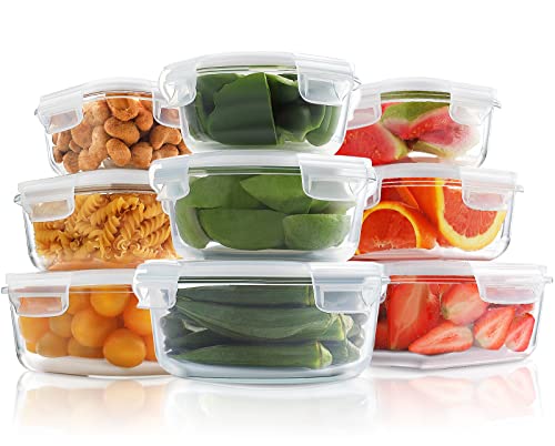 HOMBERKING Glass Food Storage Containers with Lids, [18 Piece] Glass Meal Prep Containers, Airtight Glass Lunch Bento Boxes, BPA-Free & Leak Proof (9 lids & 9 Containers) - White